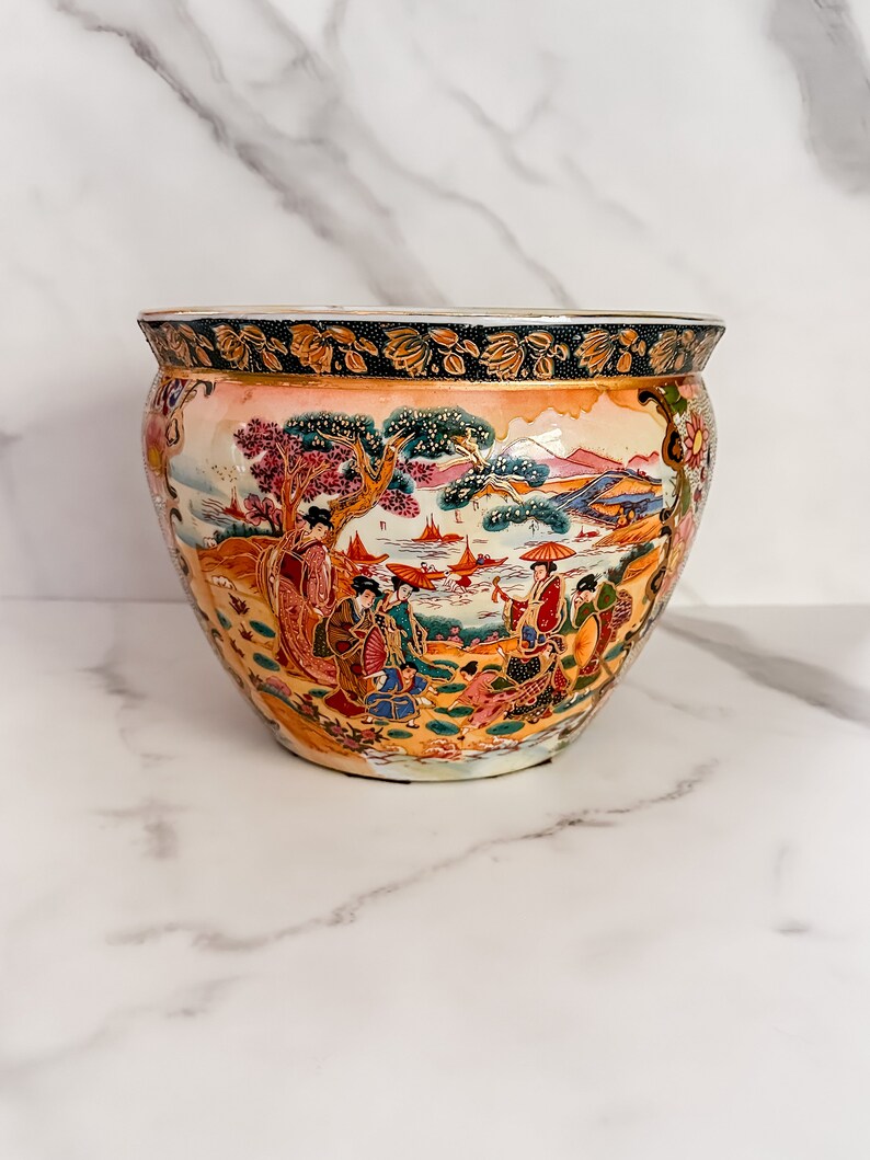 Vintage Satsuma Geisha Fish Bowl Planter Porcelain, Porcelain Fish Bowl ...