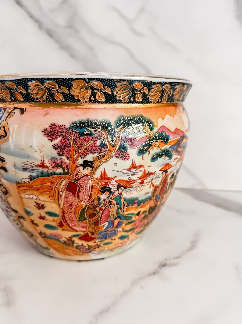 Vintage Satsuma Geisha Fish Bowl Planter Porcelain, Porcelain Fish Bowl ...