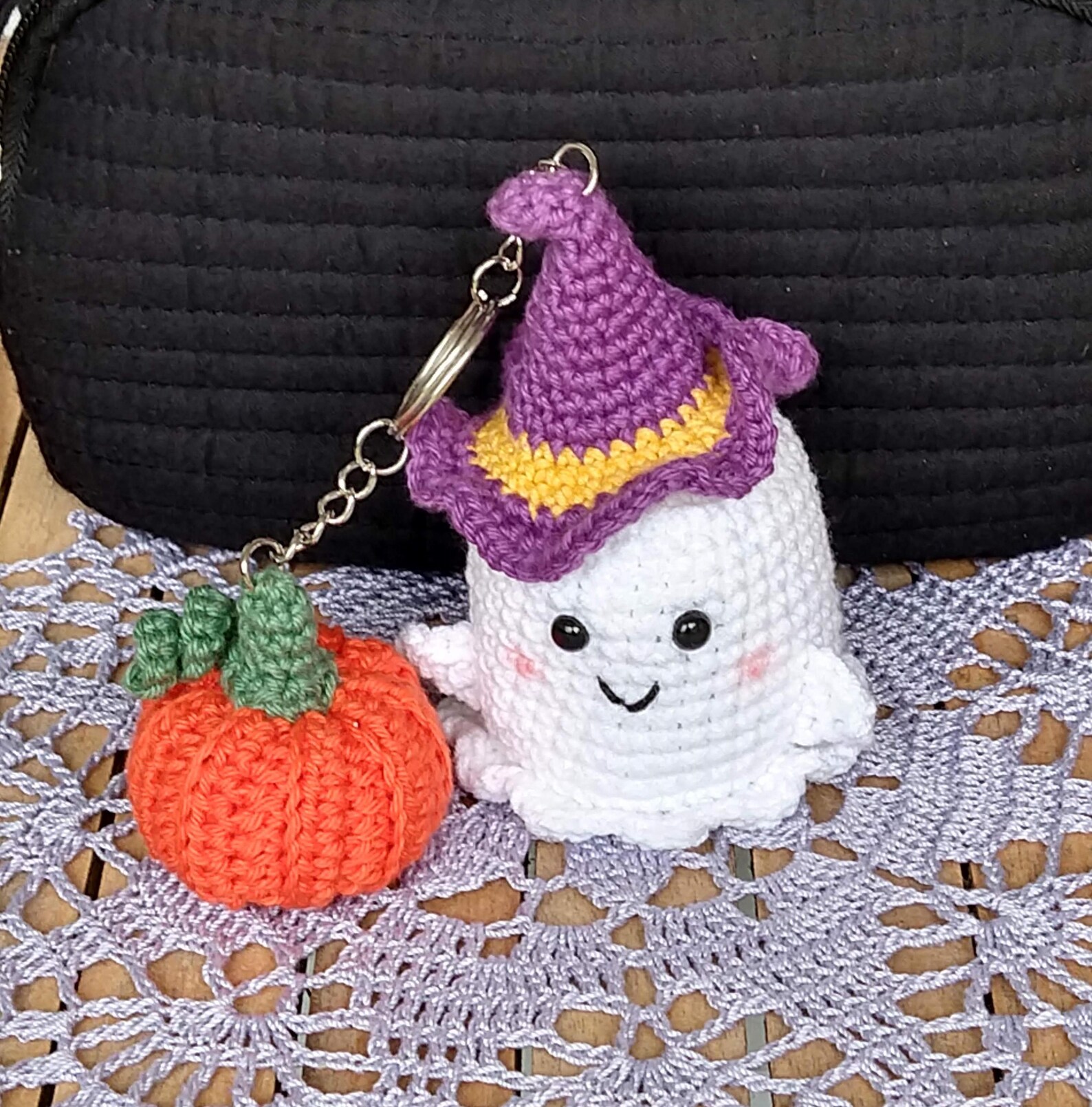 Crochet Halloween Keychain – Amigurumi Ghost With Witch Hat and Pumpkin ...