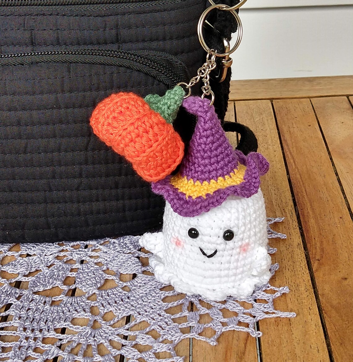 Crochet Halloween Keychain – Amigurumi Ghost With Witch Hat and Pumpkin ...