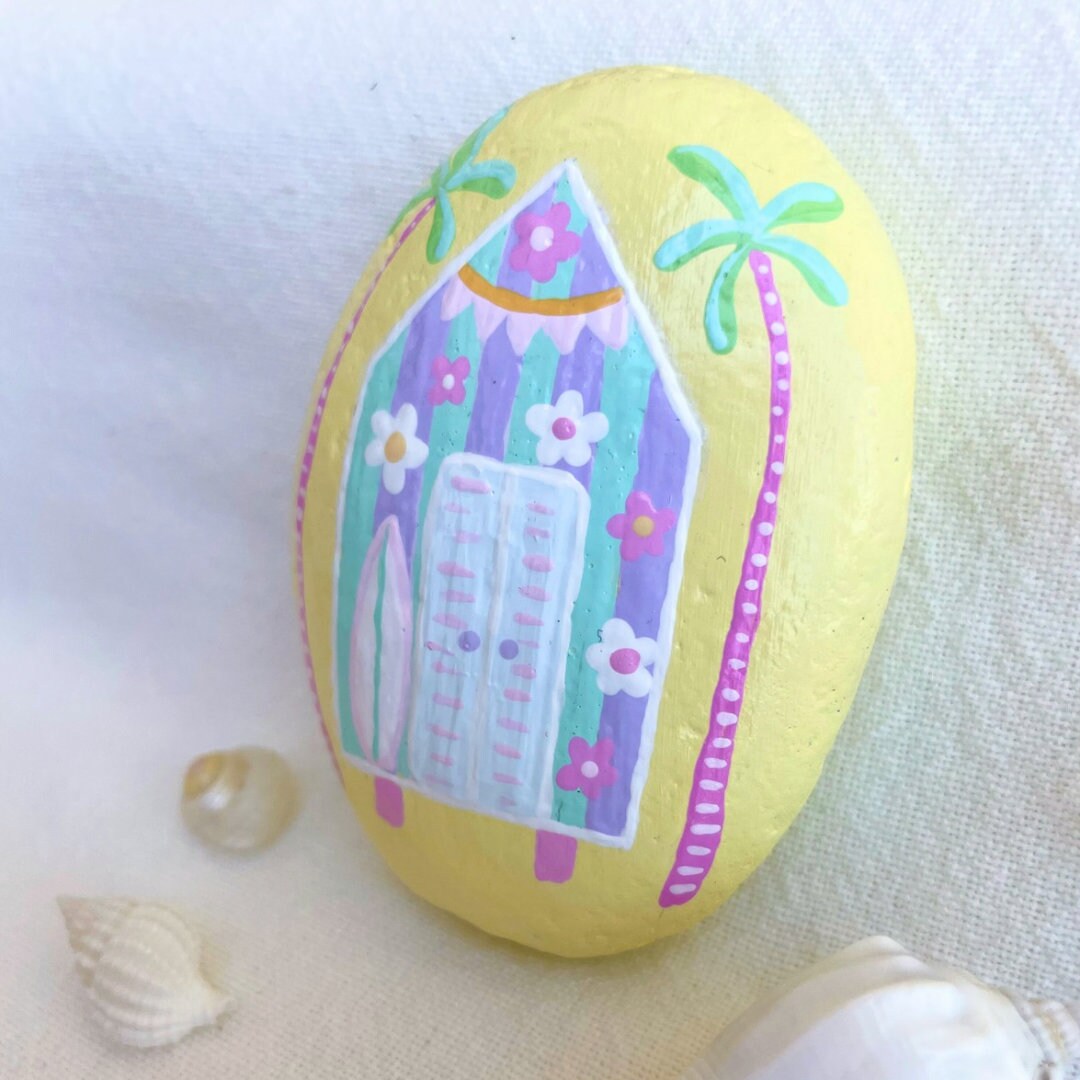 Pebble beach House YELLOW Painted Rock Happy Rock Decoration Beach ...