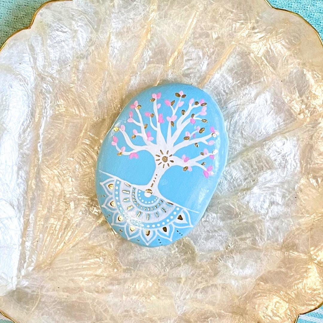 Pebble blue Tree Mandala Happy Rock Energy Pebble Intention Pebble ...