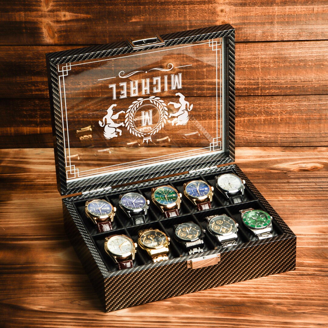 Personalized Black Watch Box, Engraved Watch Holder, Birthday Gift for ...