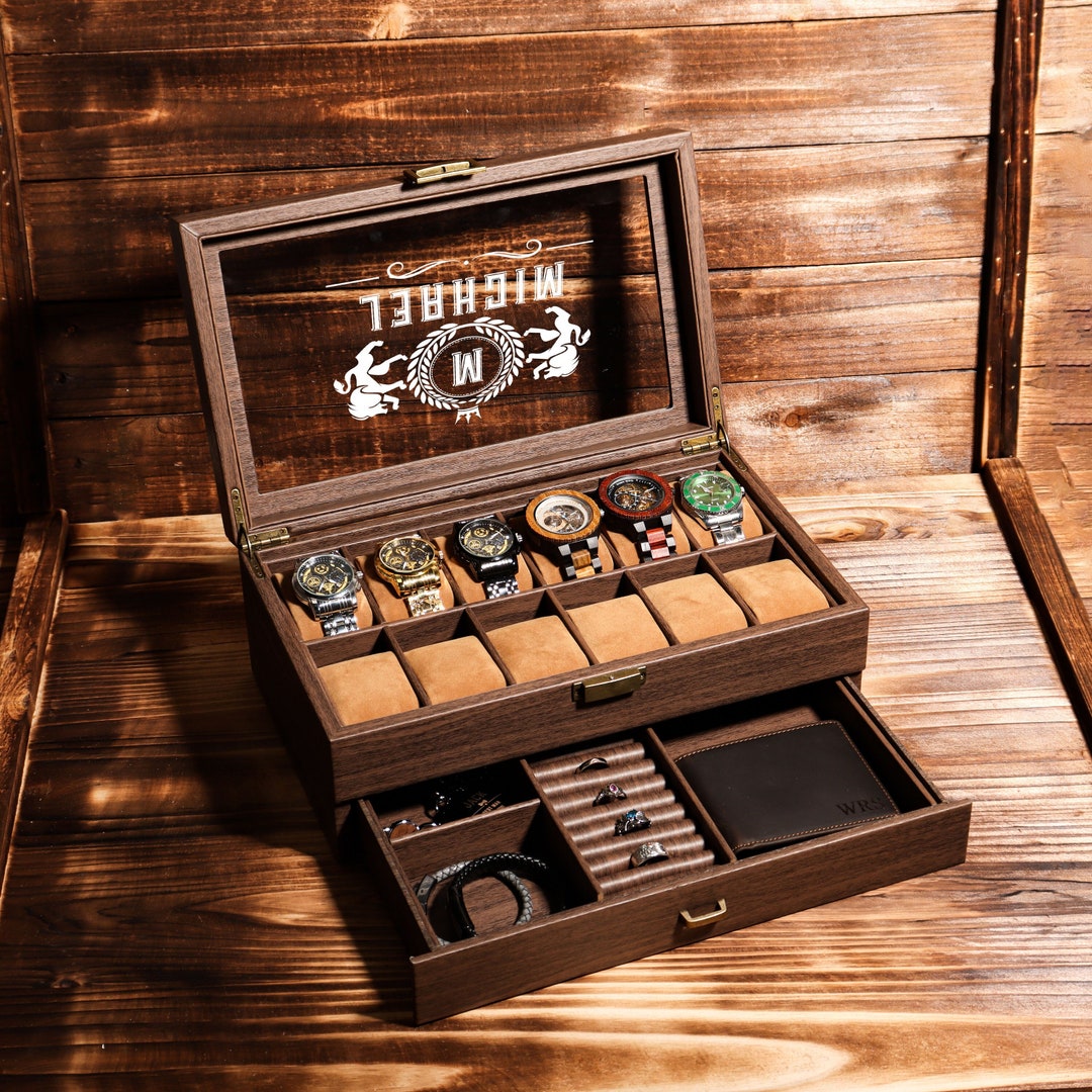 TWO Layers 12 Slot Personalized Men's Watch Box | With Drawer Watch ...