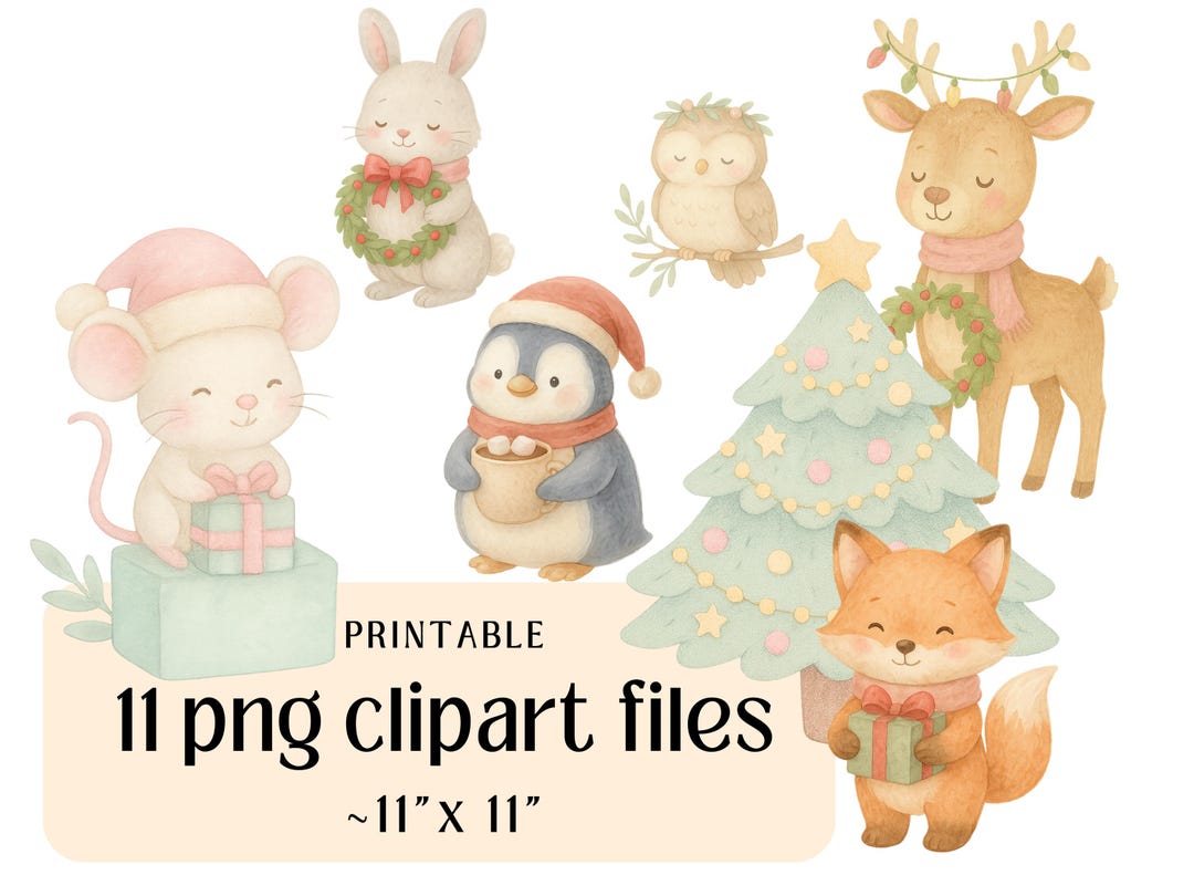 Watercolor Christmas Animals Clipart: 11 PNG Graphics (commercial Use ...