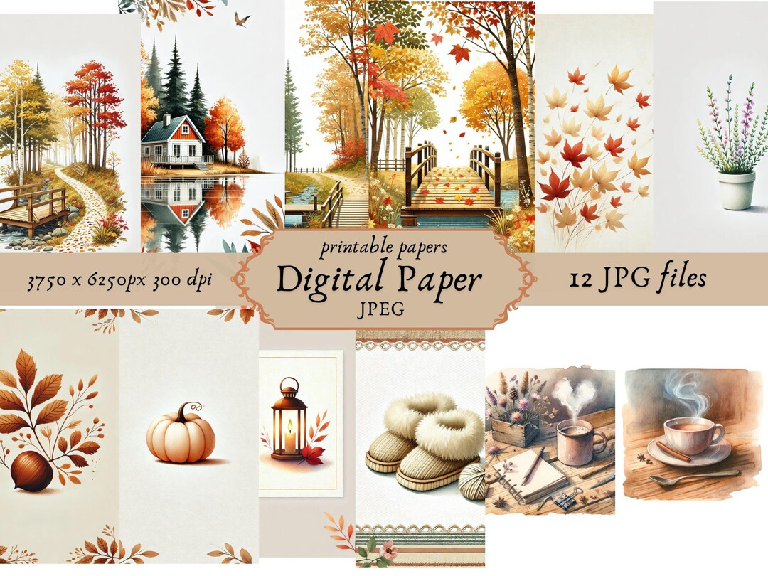 Printable Watercolor Autumn Digital Paper, Fall Ephemera, Warm Colors ...