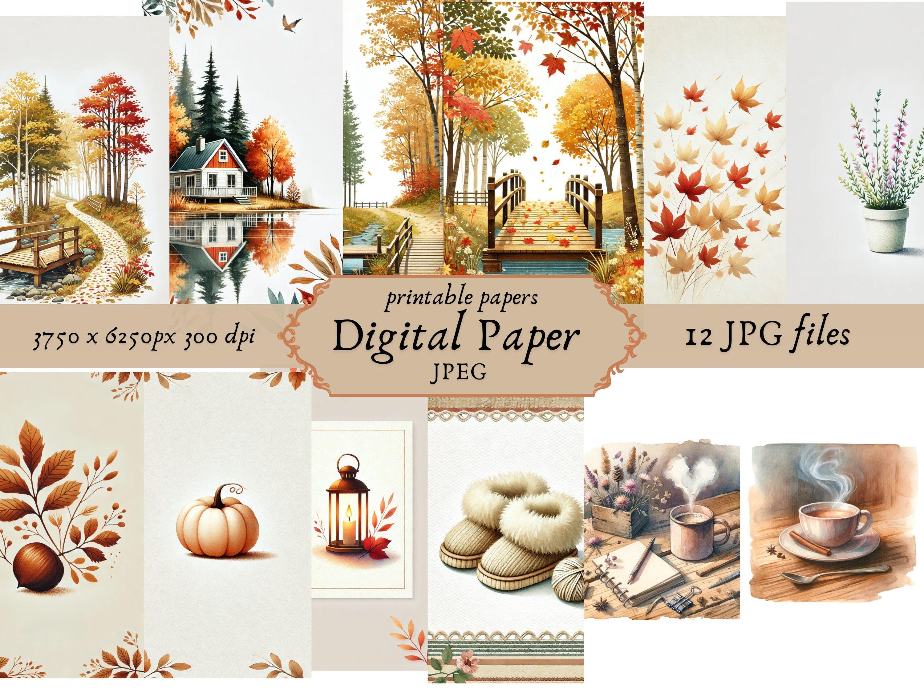 Printable Watercolor Autumn Digital Paper, Fall Ephemera, Warm Colors ...