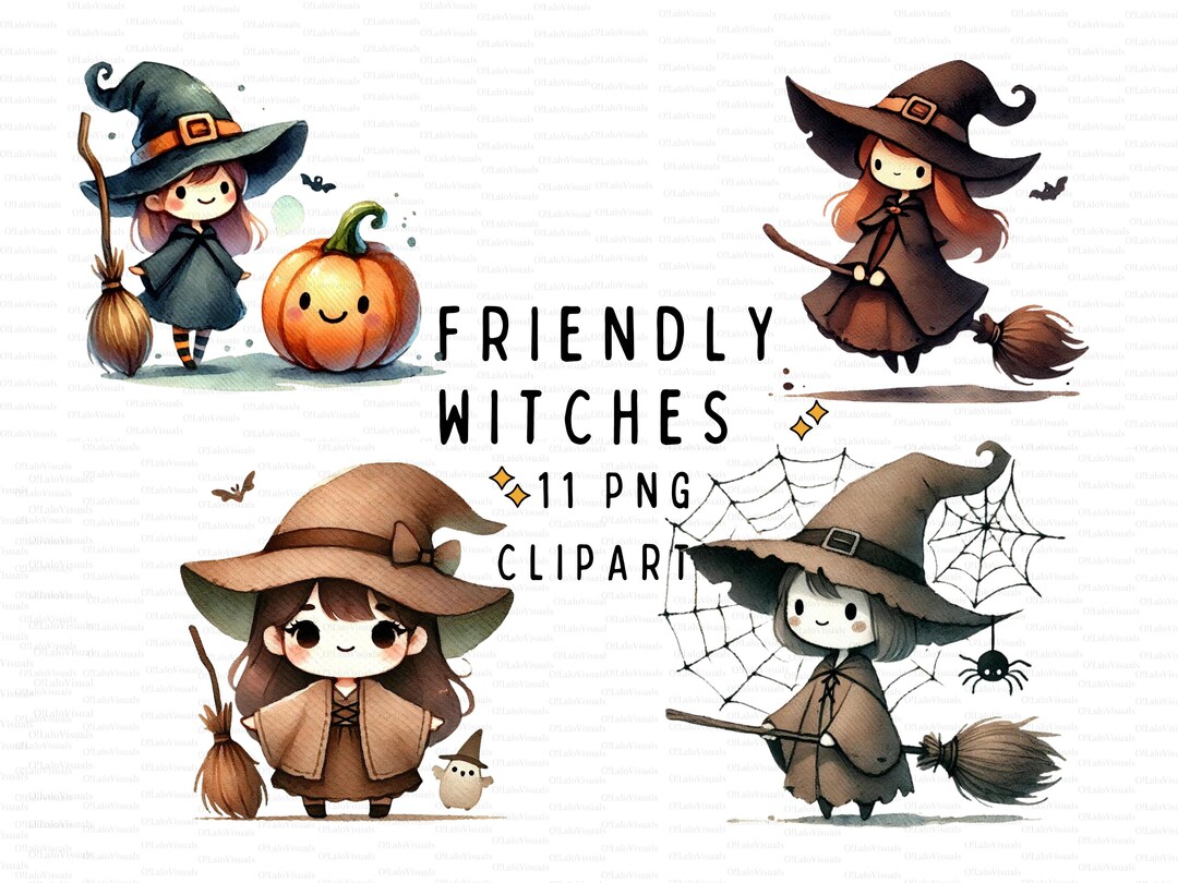 Watercolor Cute Halloween Clipart Bundle, Witches Clip Art, Pumpkin ...