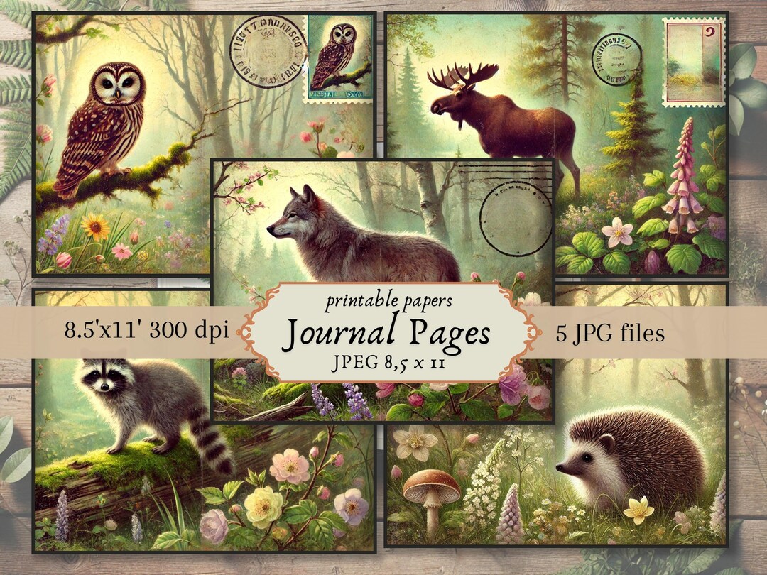 Vintage Postcard Forest Animals Digital Paper, Junk Journal Woodland ...