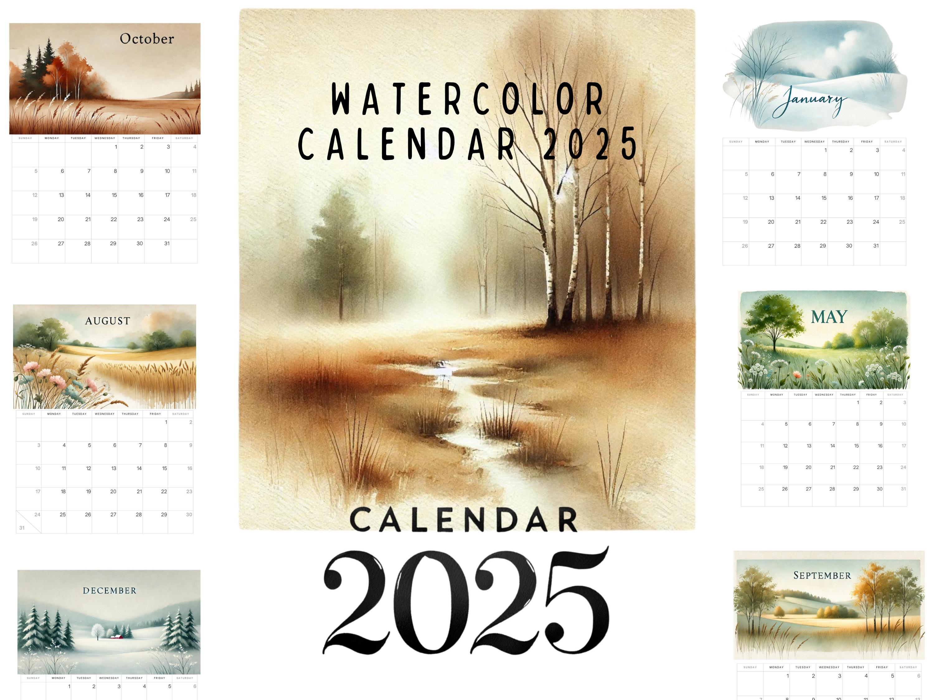 Watercolor Landscape Calendar Printable A3 2025 Wall Art, Countryside ...