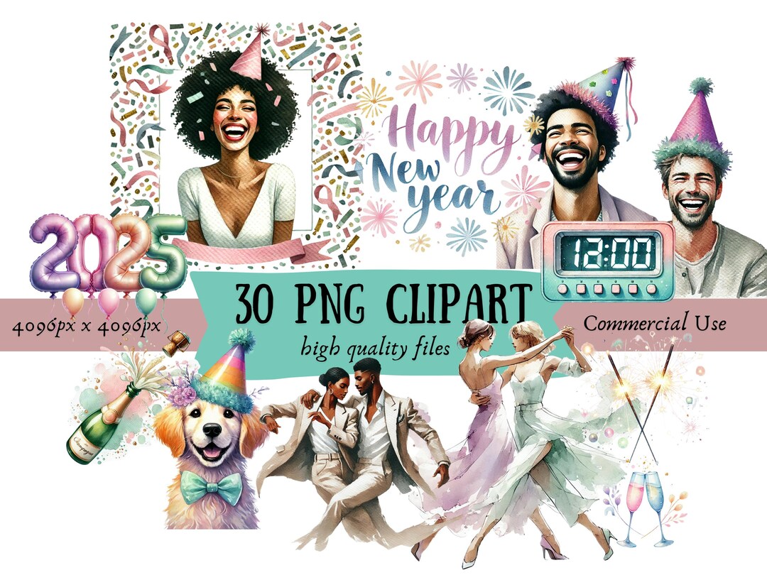 Pastel New Years Eve Clipart - Watercolor New Year Clipart - Happy New ...