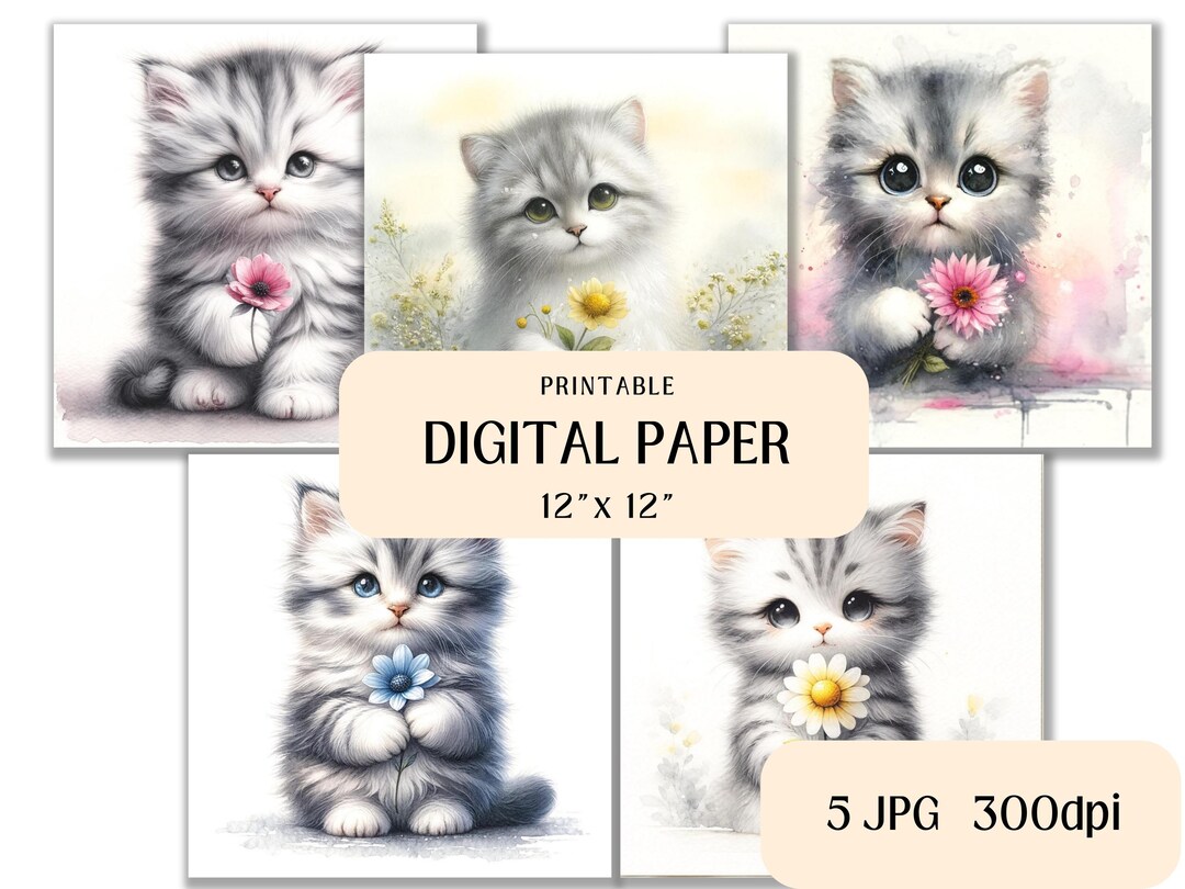Cat Scrapbook Paper, Decoupage Paper Digital Cute Kittens Watercolor ...