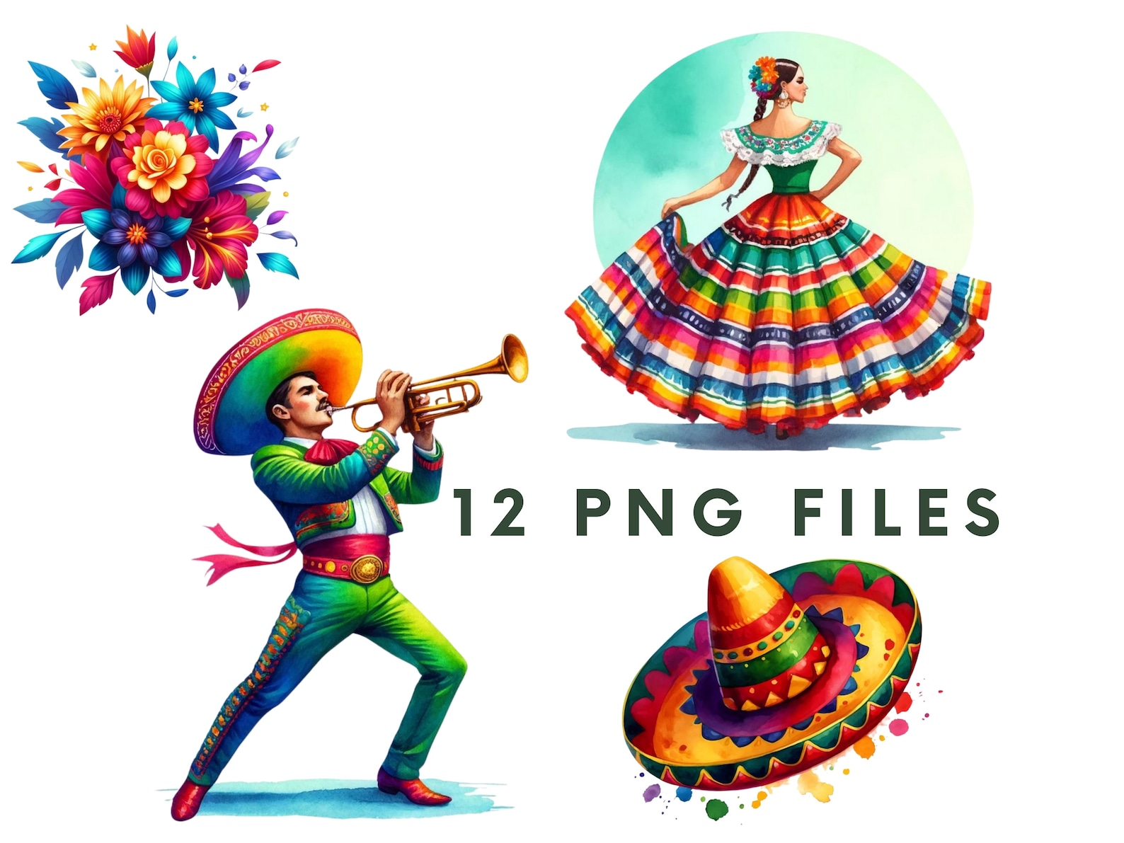 Watercolor Mexican Fiesta Clipart: Mariachi, Dancing Woman (digital ...