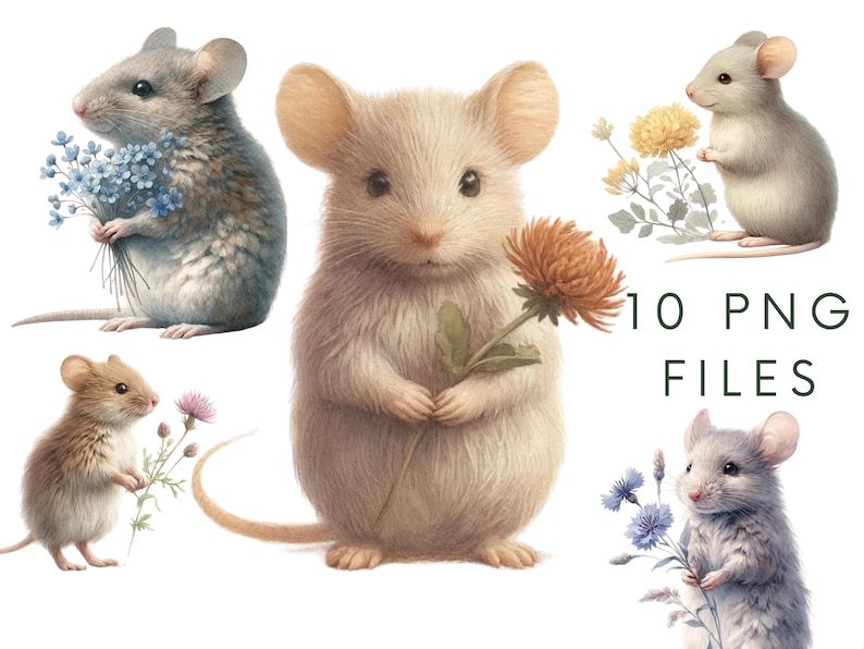 Mouse and Flower Clipart: Watercolor PNG Images (digital Download) - Etsy
