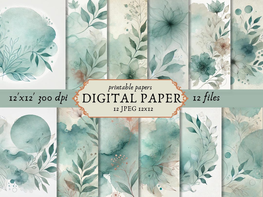 Teal Watercolor Digital Paper: Neutral Floral Scrapbook Backgrounds ...