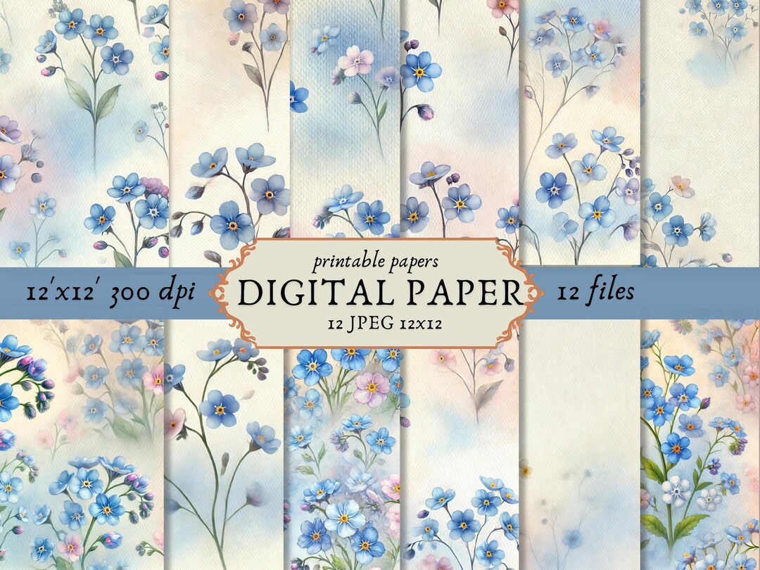 Forget Me Not Wedding Digital Paper Pack, Bluefloral Background ...