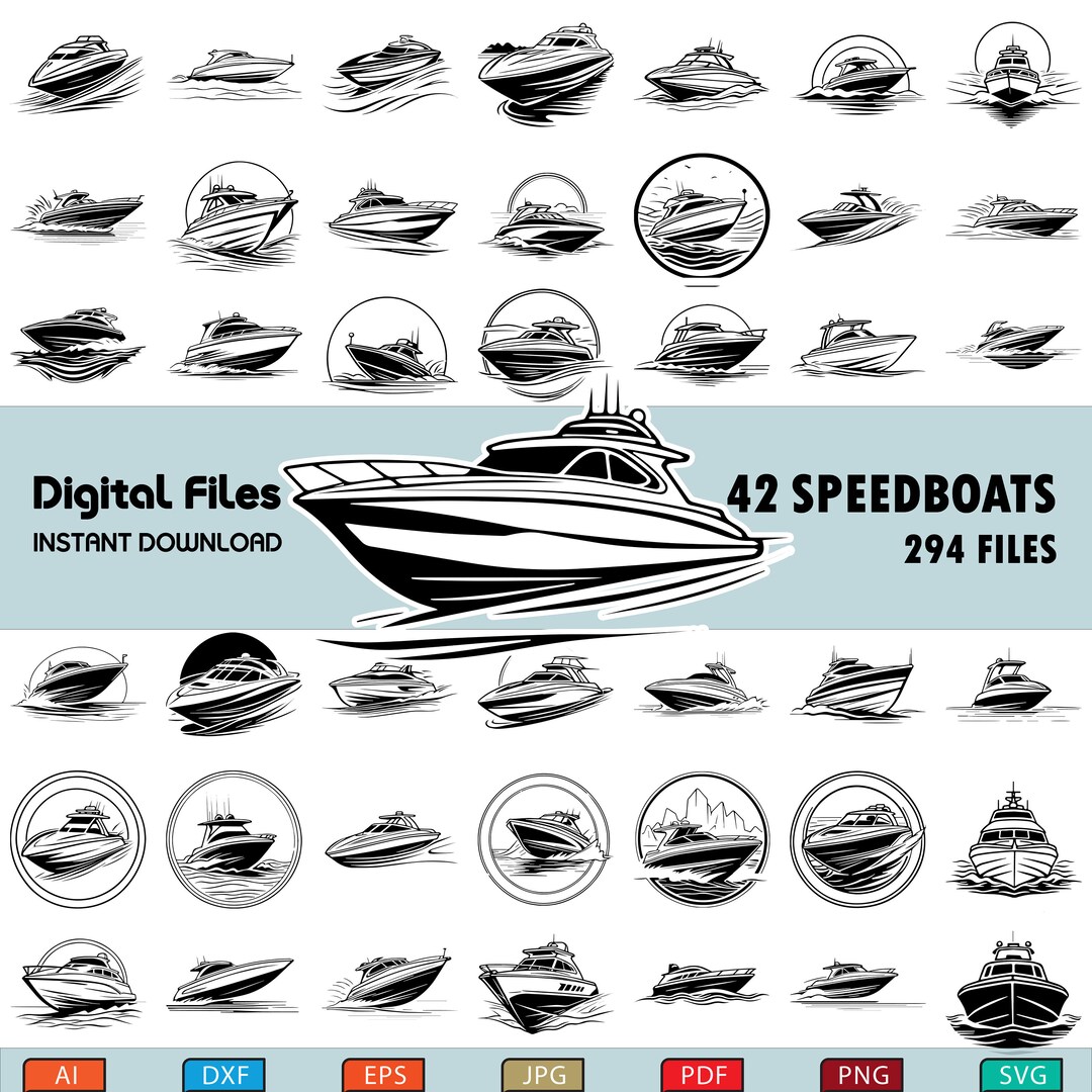 42 Speedboats Silhouette Illustration Bundle, Speedboat PNG, Speedboat ...