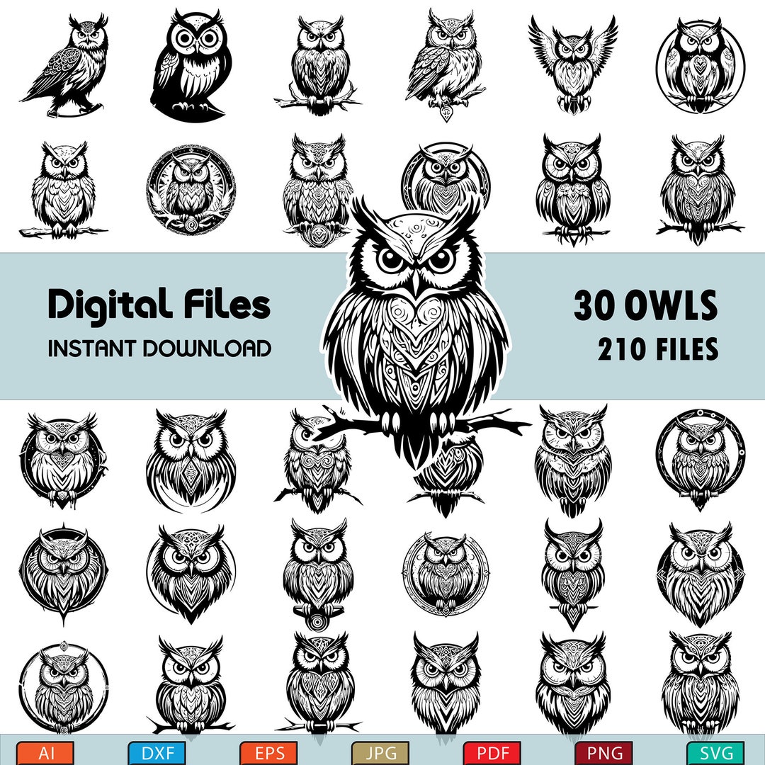 30 Owls Silhouette Illustration Bundle, Owls PNG, Owls SVG, Owls Jpg ...