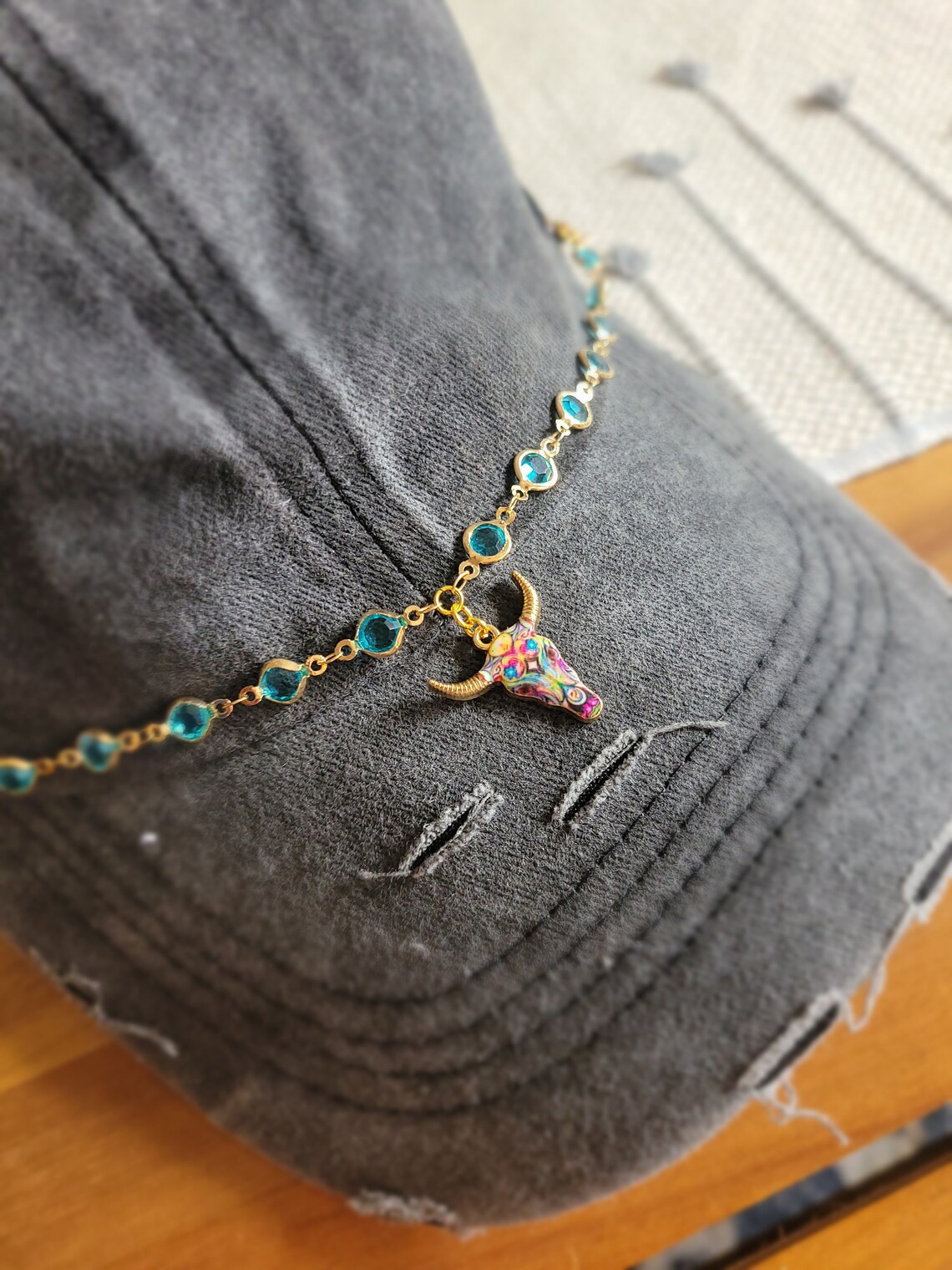 Long Horn Steer Cattle Cow Charm With Turquoise Gem Hat Chain - Etsy