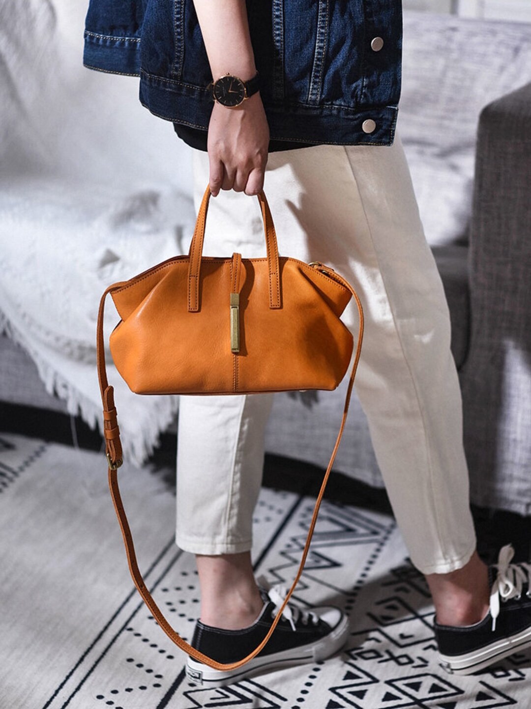 Genuine Leather Top Handle Bag With Strap - Etsy Australia