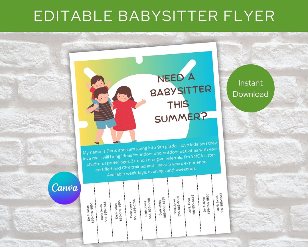 Babysitter Flyer, Editable Babysitting Flyer for Child Care, Babysitter ...