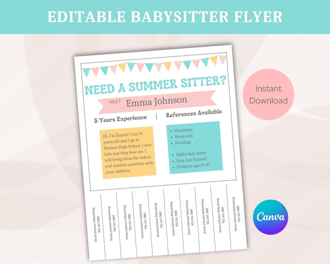 Babysitter Flyer, Editable Babysitting Flyer for Summer Child Care ...