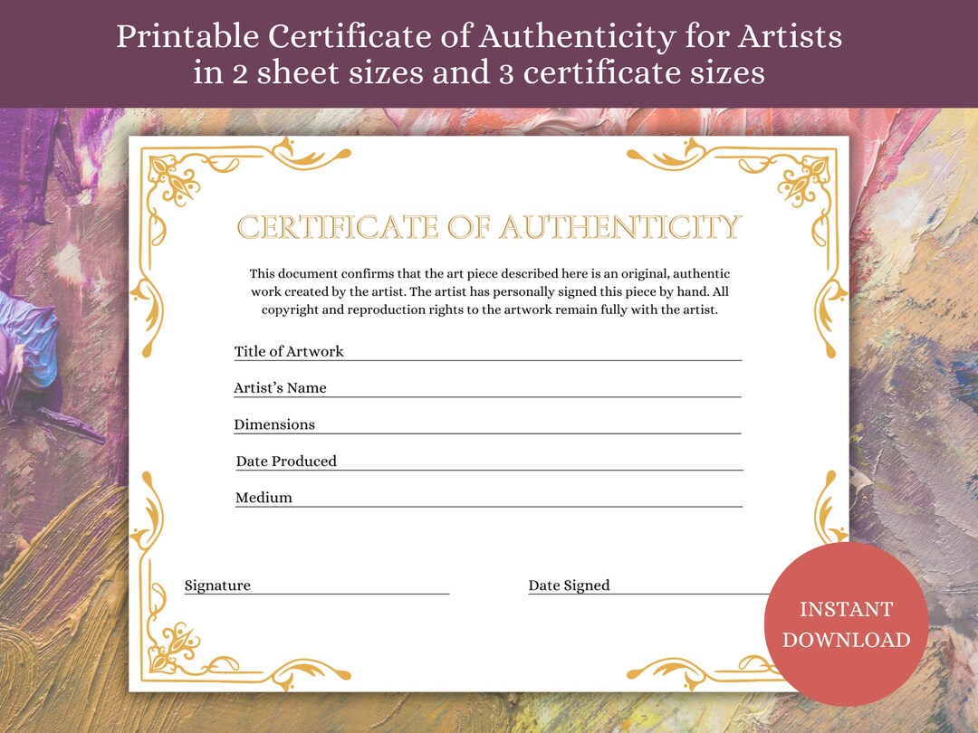 Certificate of Authenticity for Art, Artwork Authenticity Certificate ...