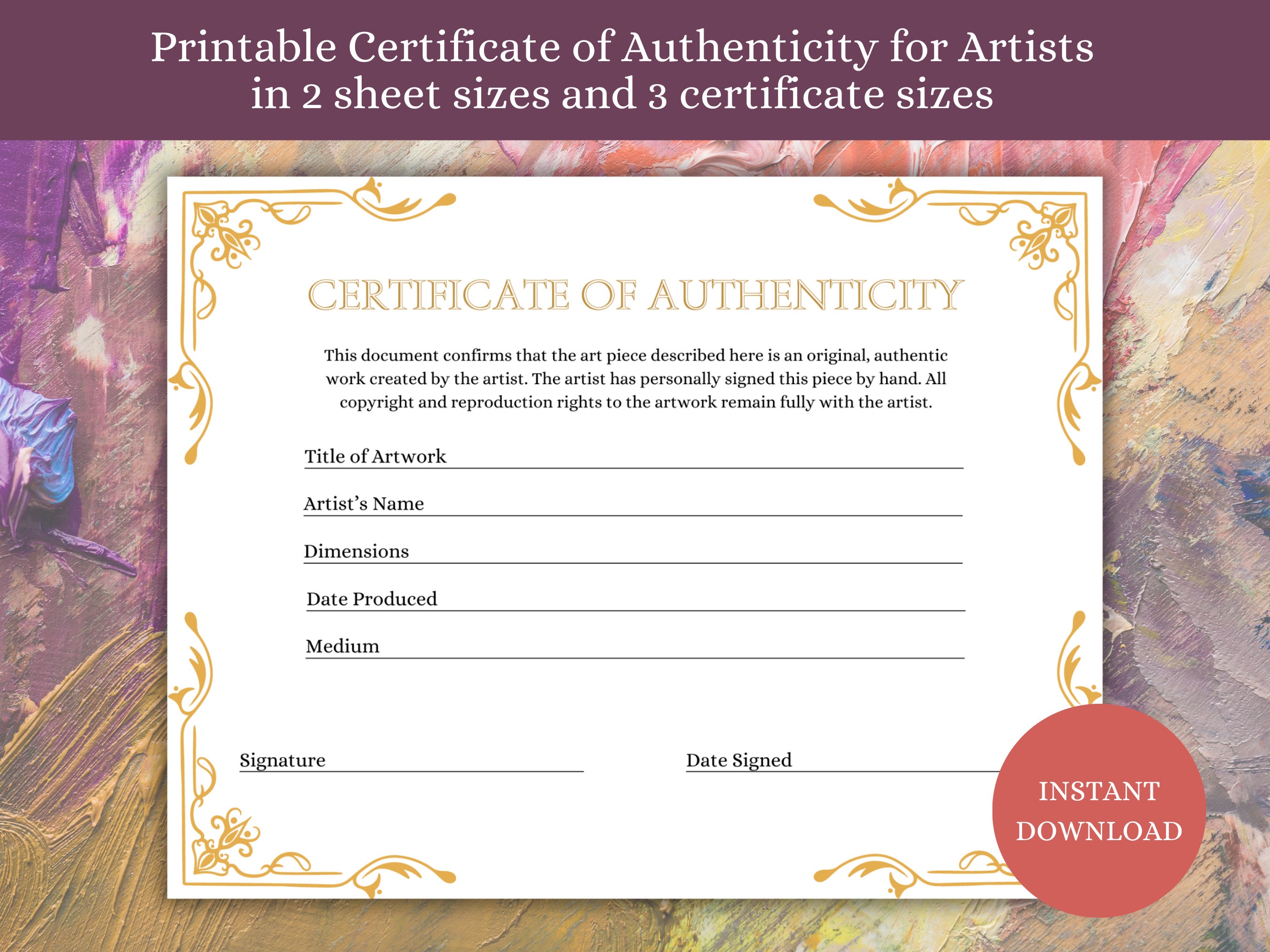 Certificate of Authenticity for Art, Artwork Authenticity Certificate ...