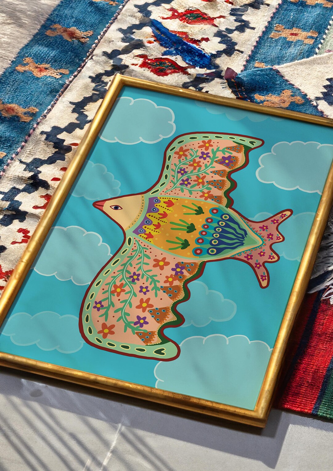 The Bird Hand Drawn Poster, Sky Wall Art, Ethnic Painting Bird ...