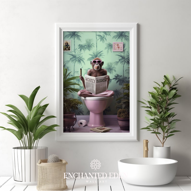 Funny Monkey Bathroom Instant Download Vibrant Animal on Toilet Poster, Botanical Bathroom Decor ...