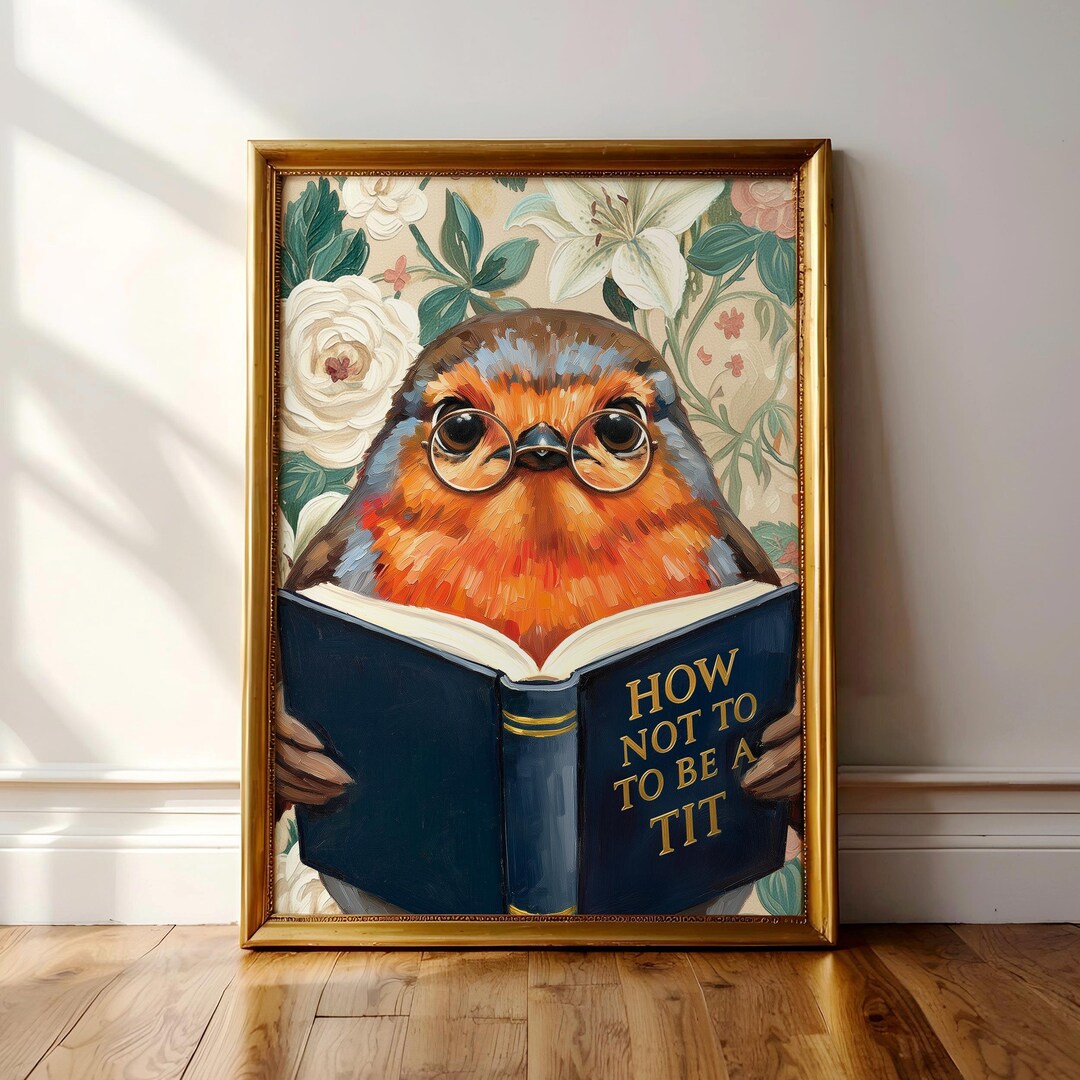Funny Robin Reading a Book Art Poster: Quirky Botanical & Bird Lover ...