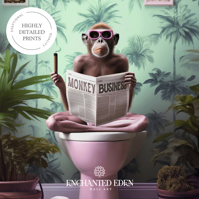 Funny Monkey Bathroom Instant Download Vibrant Animal on Toilet Poster, Botanical Bathroom Decor ...
