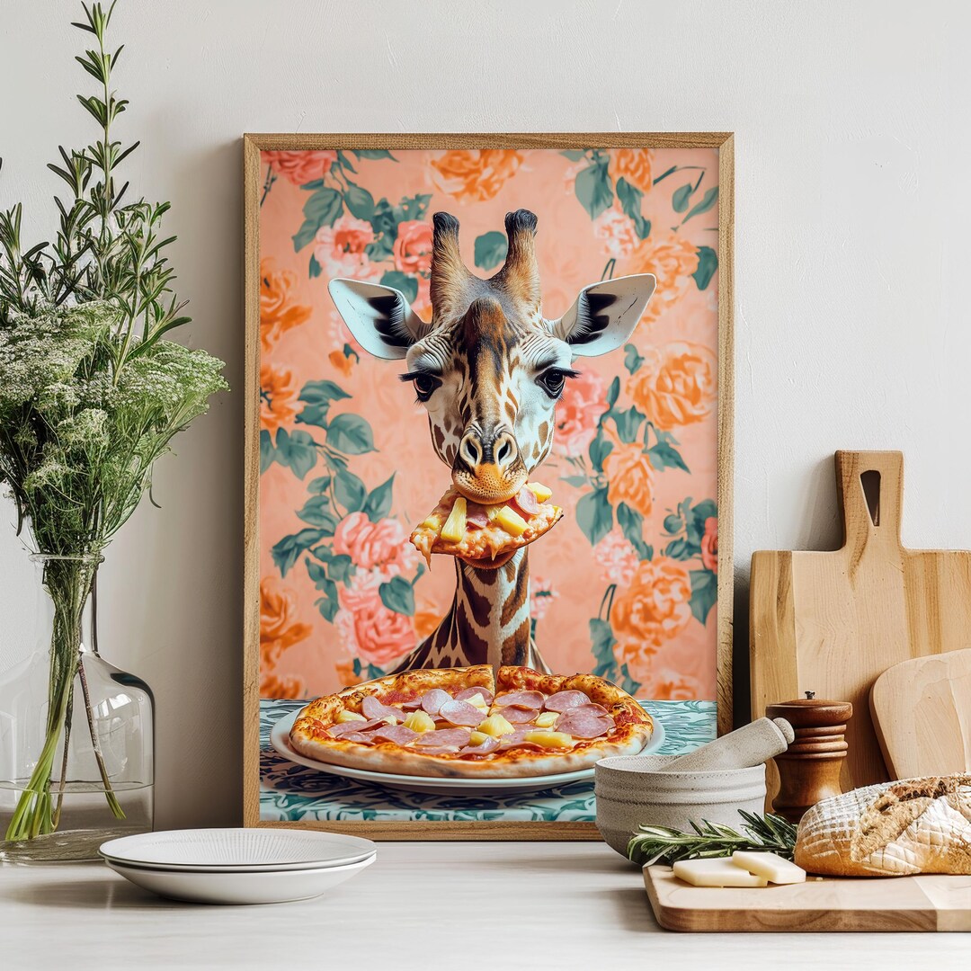 Giraffe Eating Pizza Kitchen Print, Maximalist Style, Dopamine Decor ...