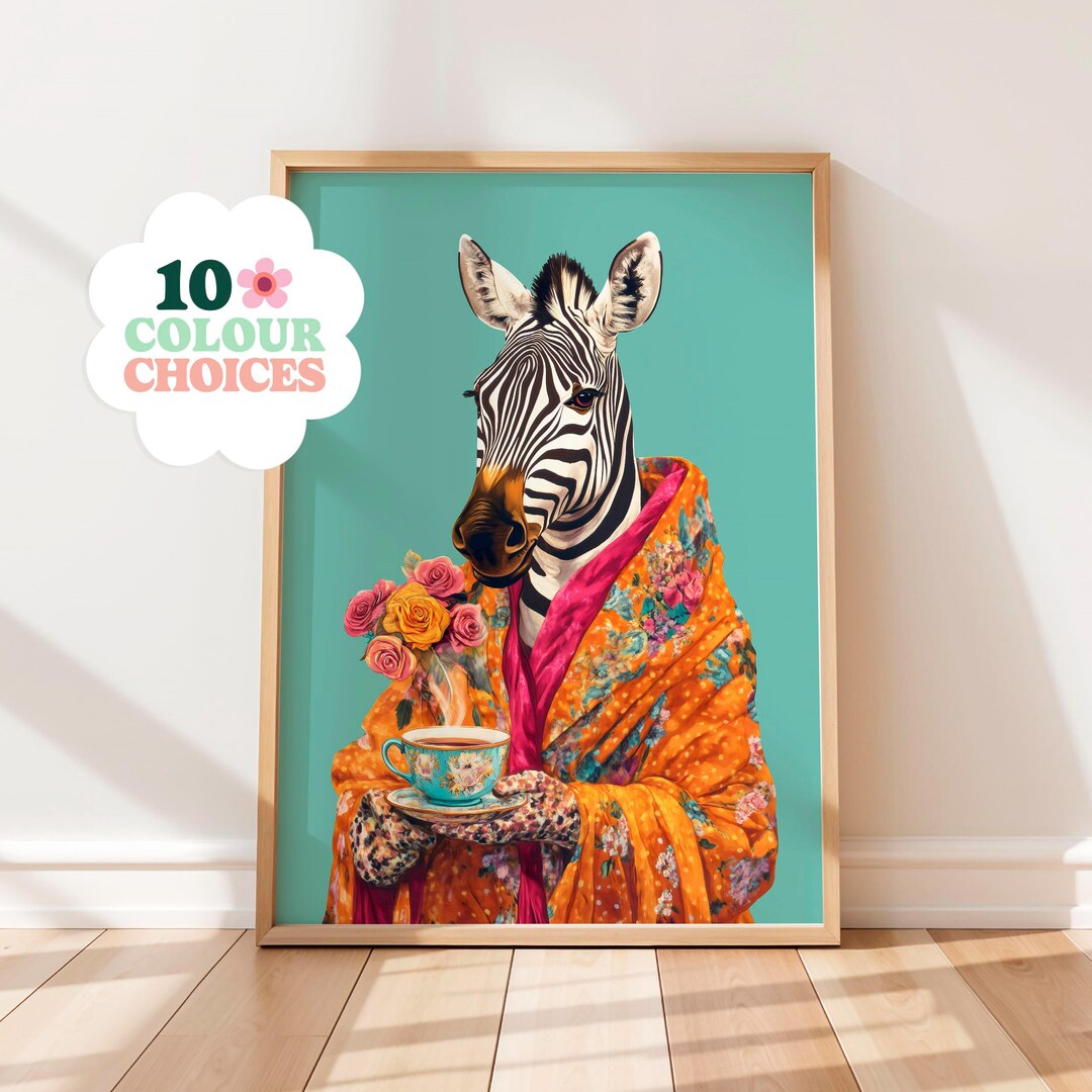 Zebra Drinking Tea Art Print: Maximalist Kitchen Wall Decor - Etsy