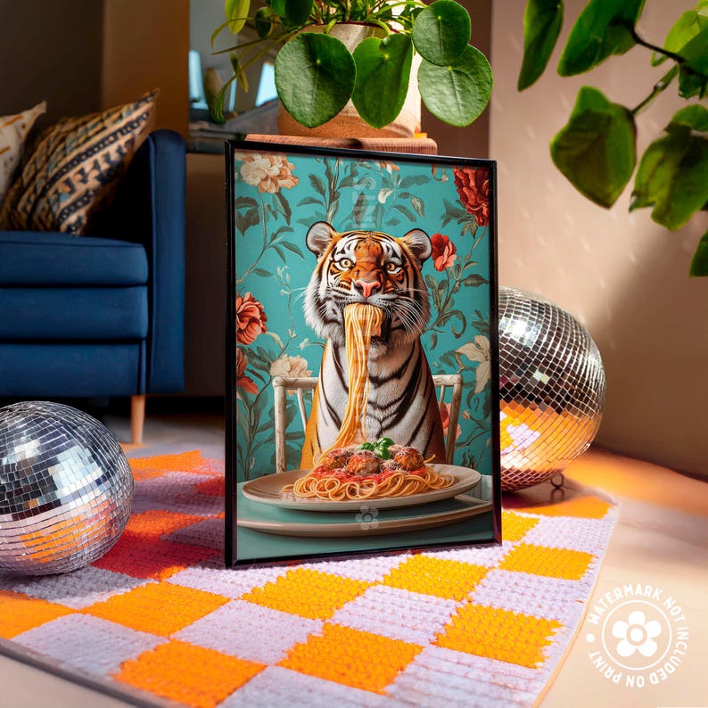 Tiger Eating Spaghetti Kitchen Print: Humorous Maximalist Wall Art - Etsy