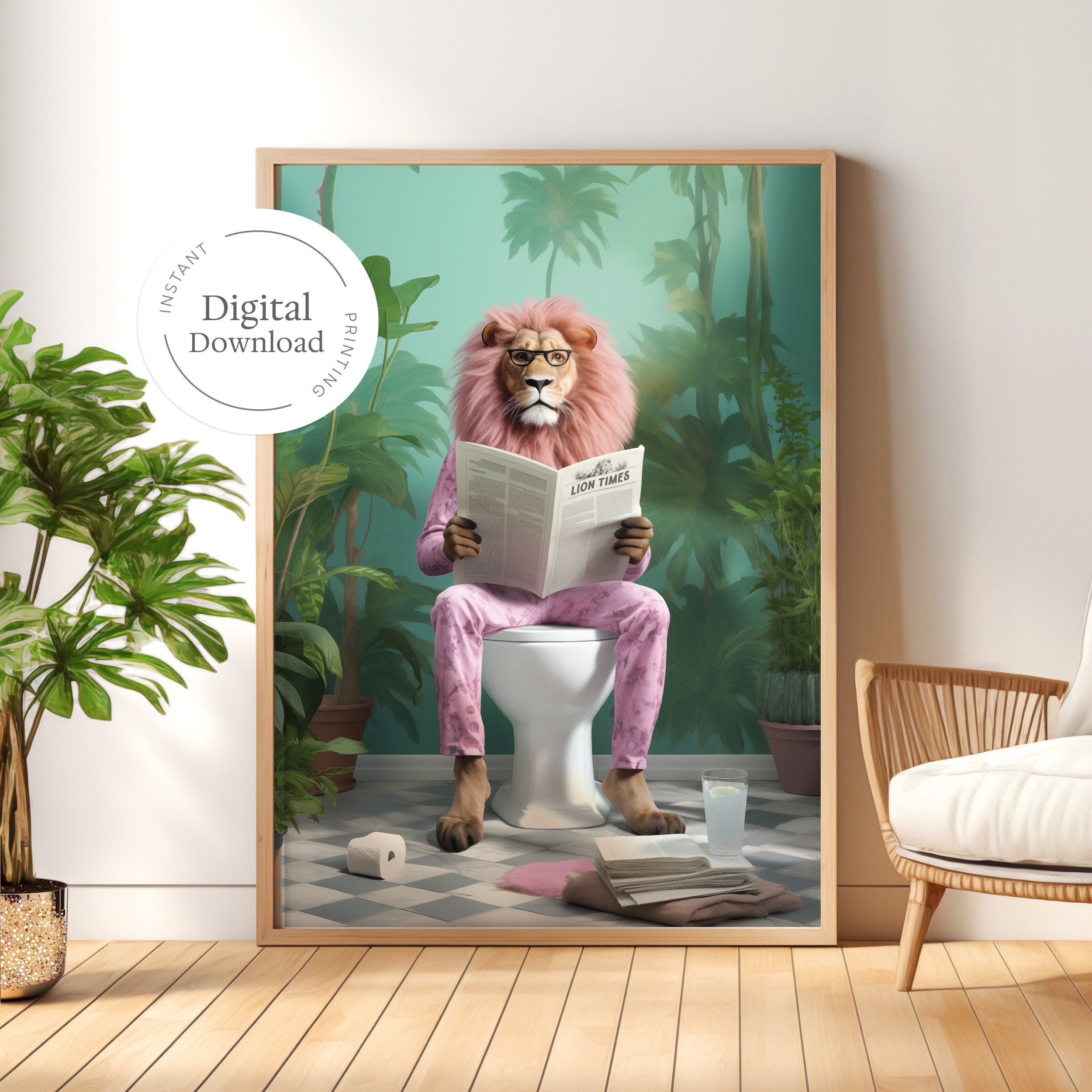 Funny Lion Bathroom Instant Download Vibrant Animal on Toilet Poster ...