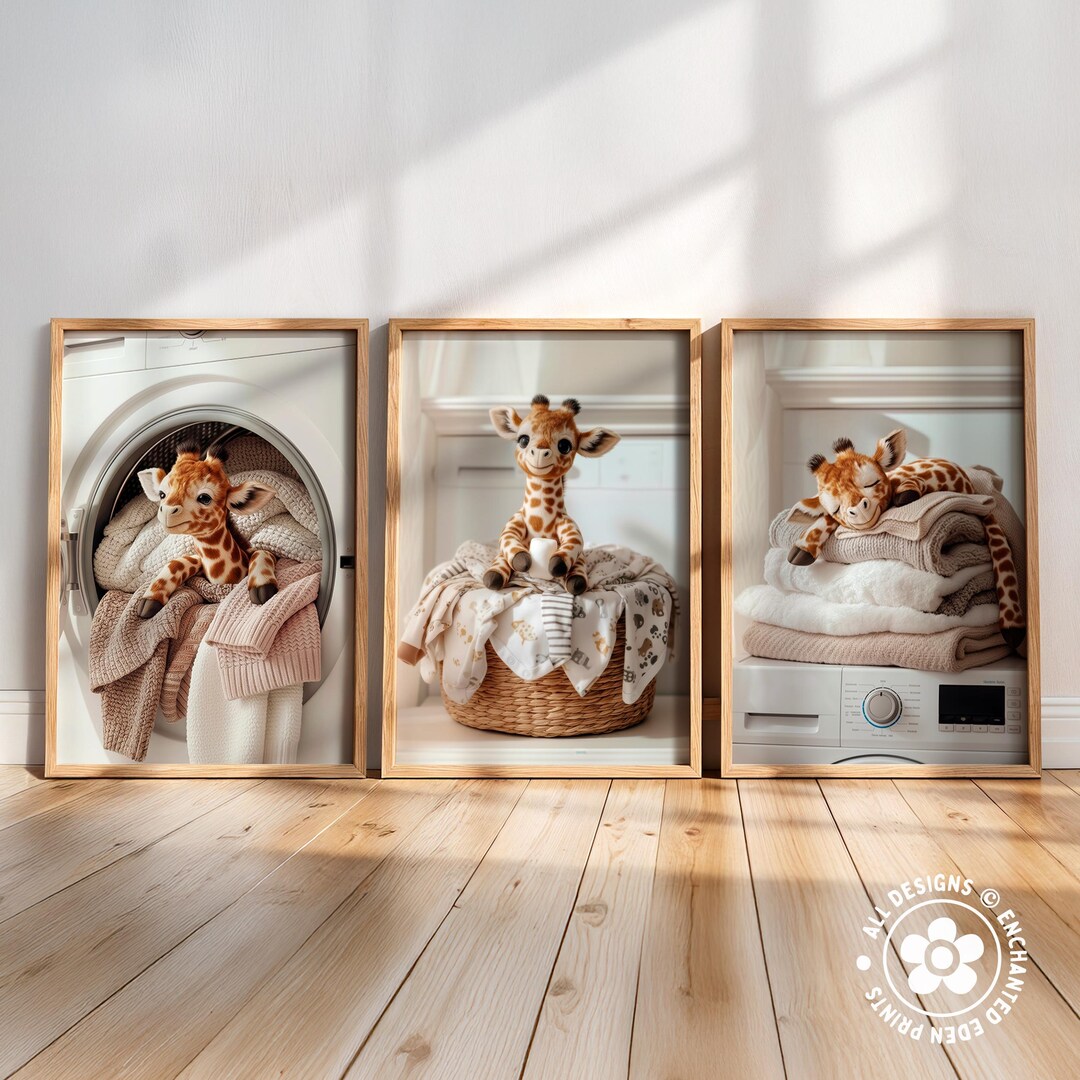 Cute Baby Giraffe Laundry Room Decor Wall Art Set of 3 | Funny Animal ...