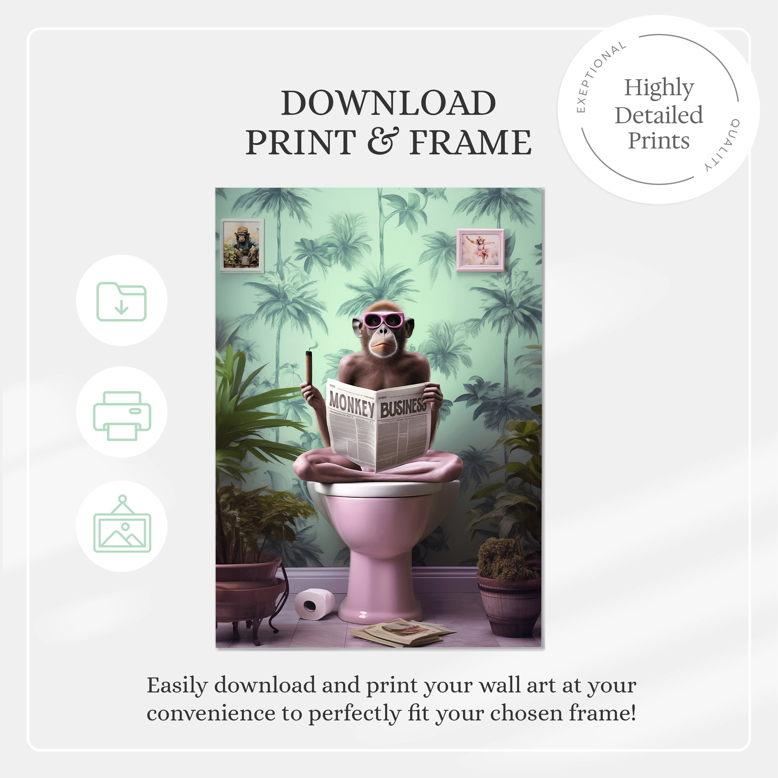 Funny Monkey Bathroom Instant Download Vibrant Animal on Toilet Poster ...
