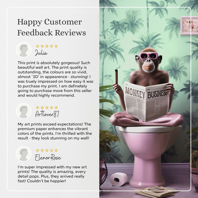 Funny Monkey Bathroom Instant Download Vibrant Animal on Toilet Poster, Botanical Bathroom Decor ...