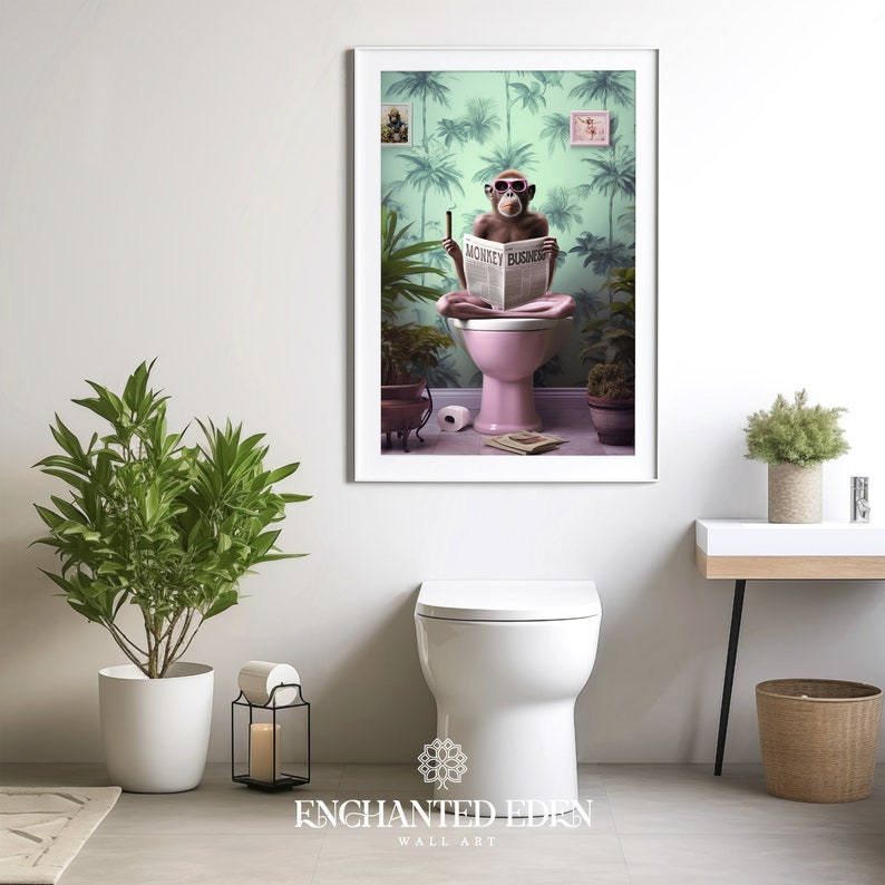 Funny Monkey Bathroom Instant Download Vibrant Animal on Toilet Poster, Botanical Bathroom Decor ...