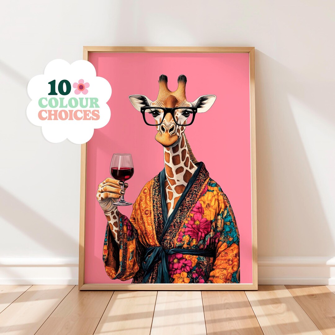 Giraffe Drinking Wine Art Print: Funny Maximalist Kitchen Decor - Etsy