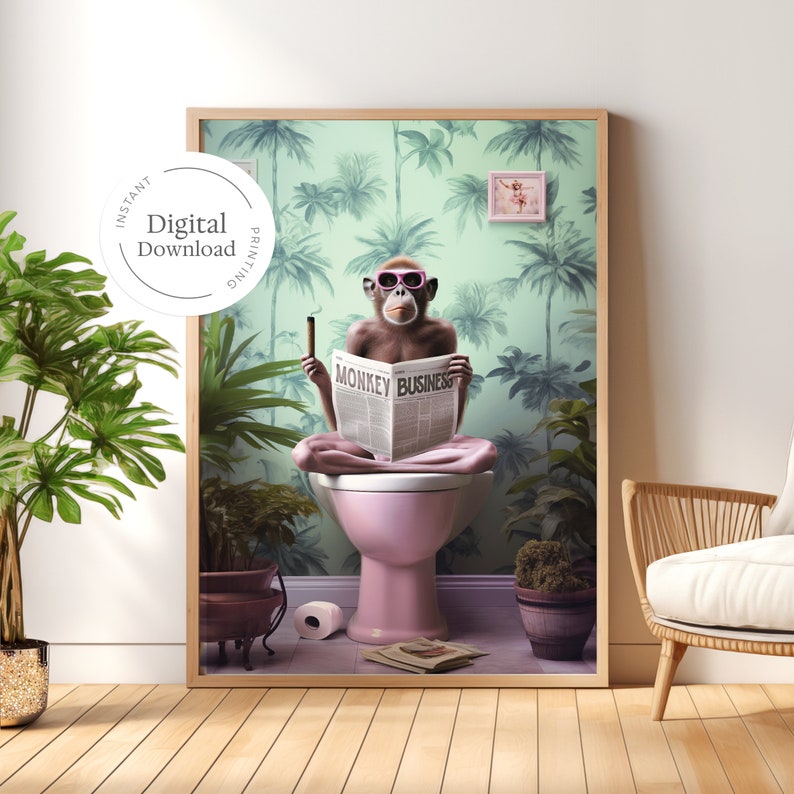 Funny Monkey Bathroom Instant Download Vibrant Animal on Toilet Poster, Botanical Bathroom Decor ...