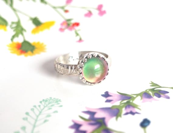 Mood Ring With Floral Band in Sterling Silver Medium Round | Etsy