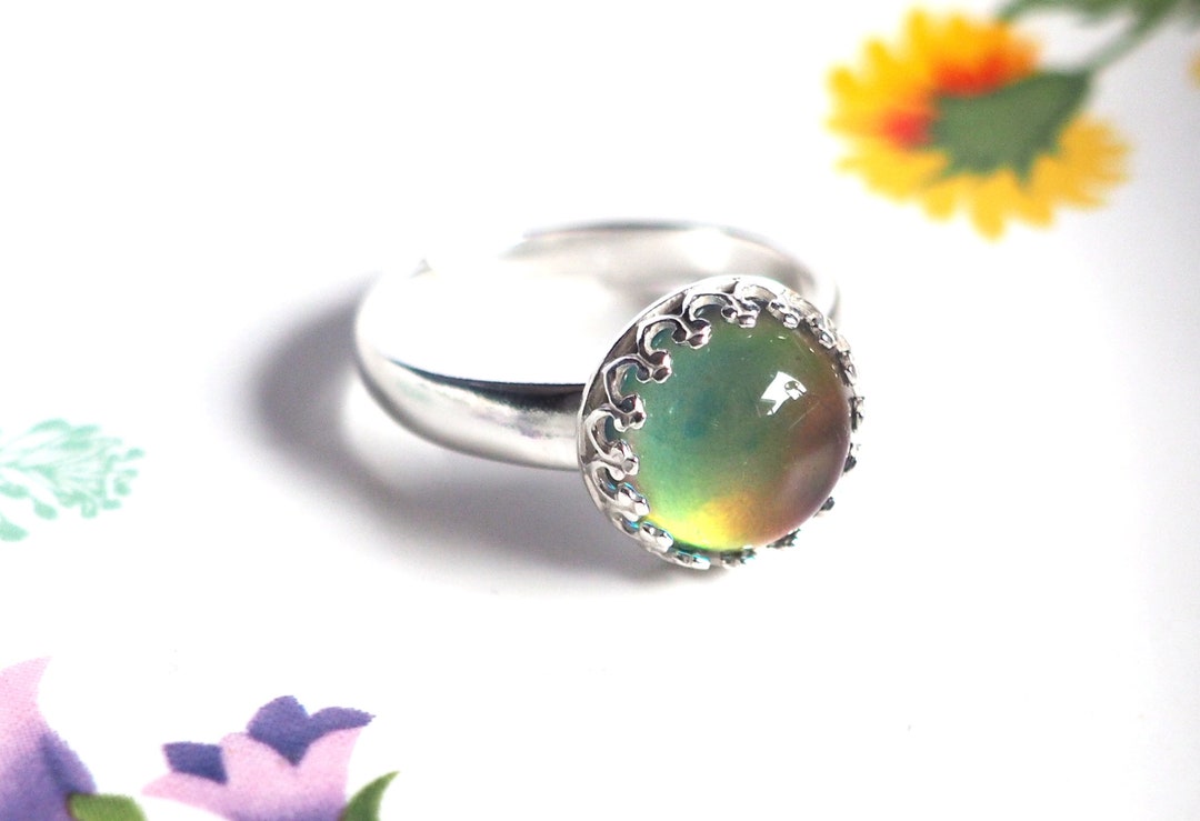 Adjustable Mood Ring, Crown Sterling Silver With Color Changing Mood ...