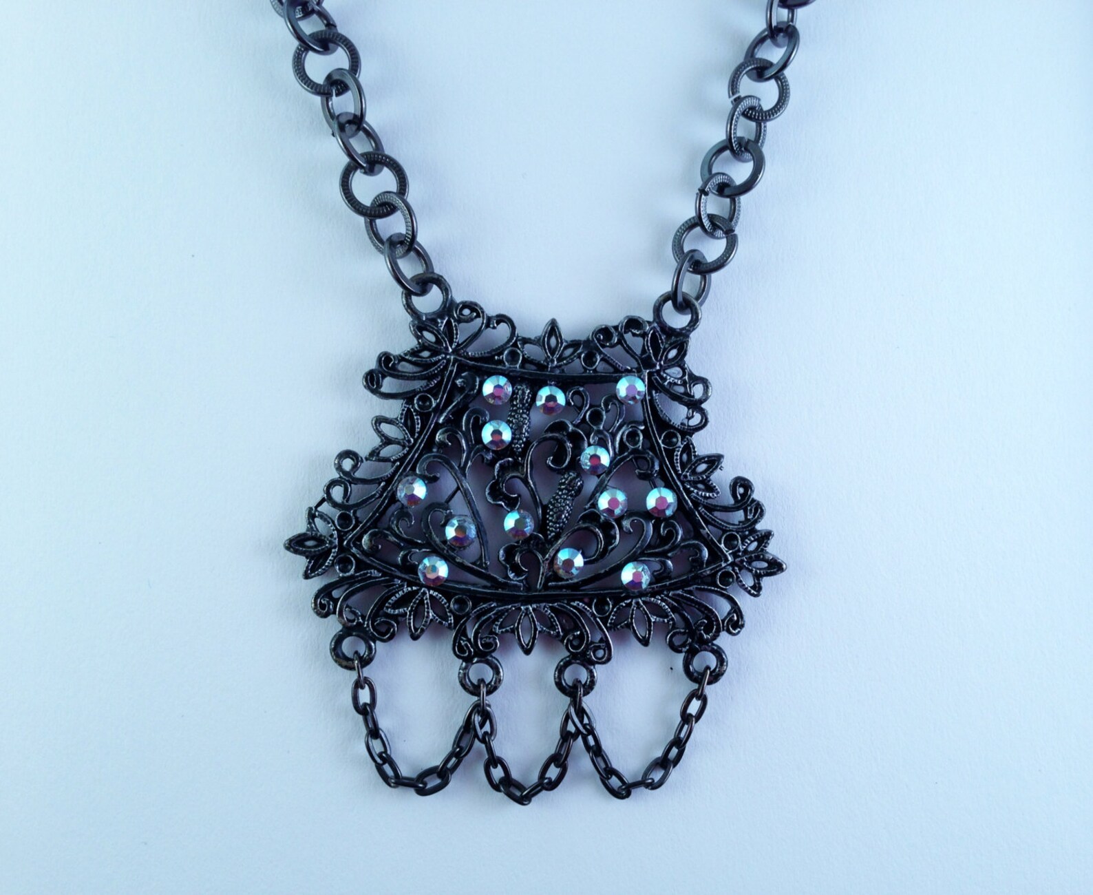 Black Metal Chain Necklace With Black Metal Filigree Pendant - Etsy