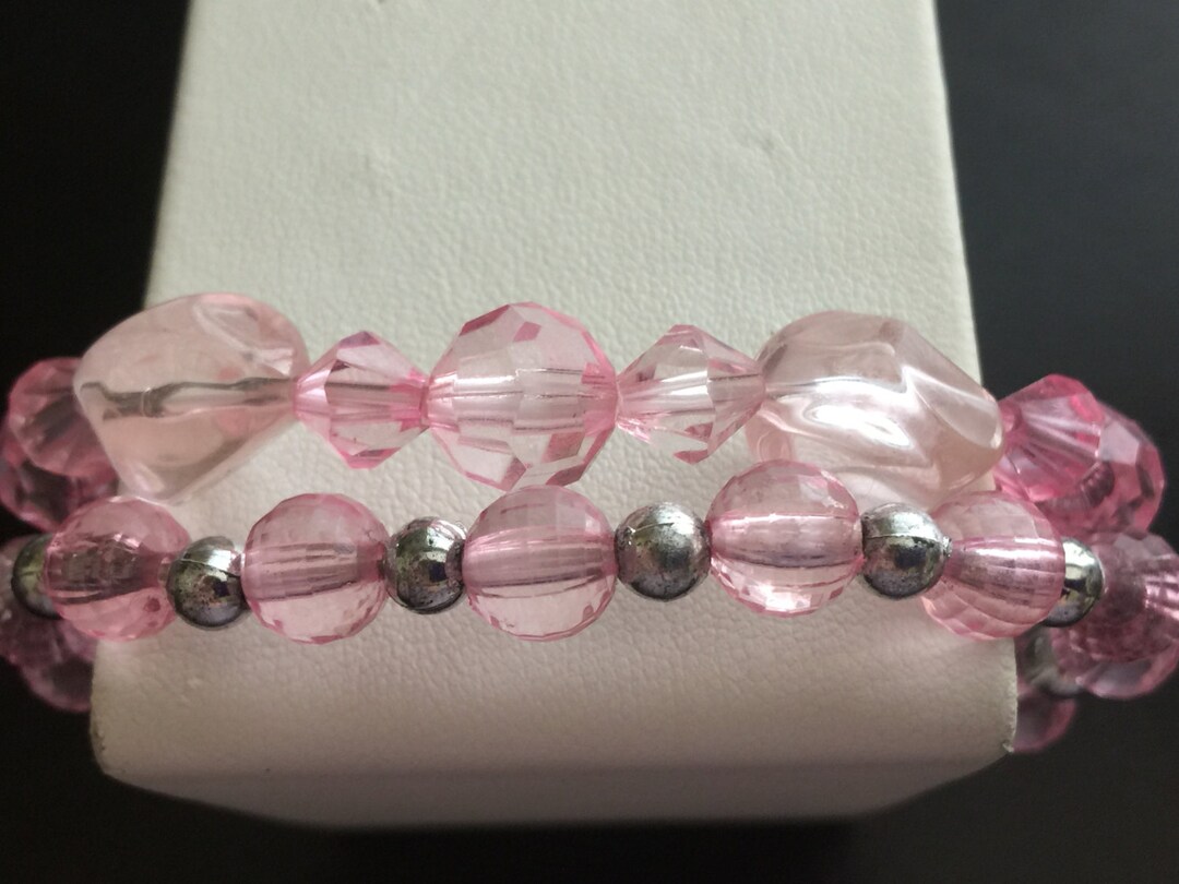 Bracelet Stretch Pink and Silver Tone Plastic Beads Size 7.25 - Etsy