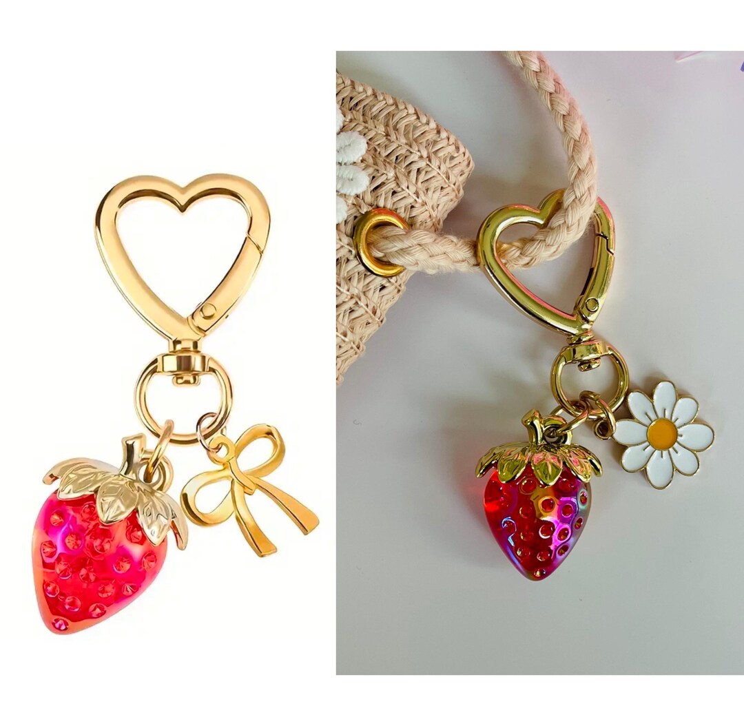 Strawberry Gold Keychain - Strawberry Bow Keychain - Bow Gold ...