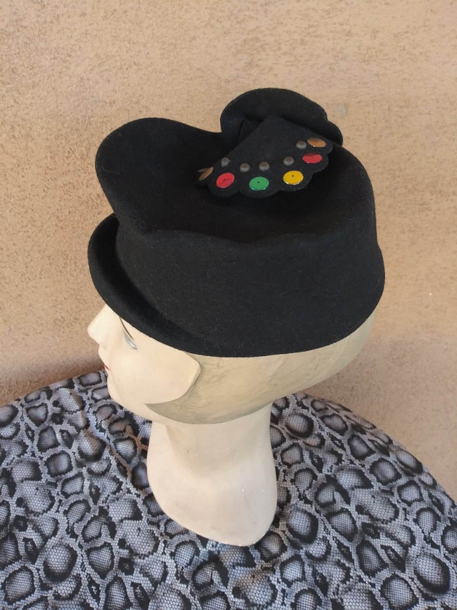 Vintage 1940s Black Wool Toque Hat With Sequins and Brass - Etsy
