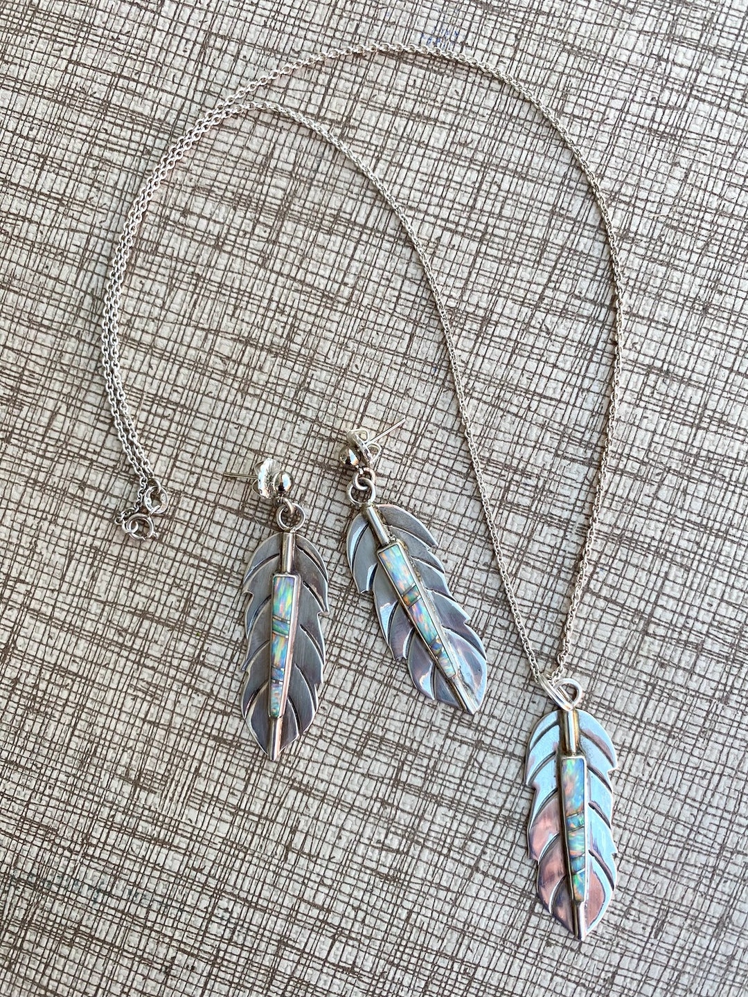 Vintage 1990s Silver Opal Feather Necklace Earrings Set - Etsy