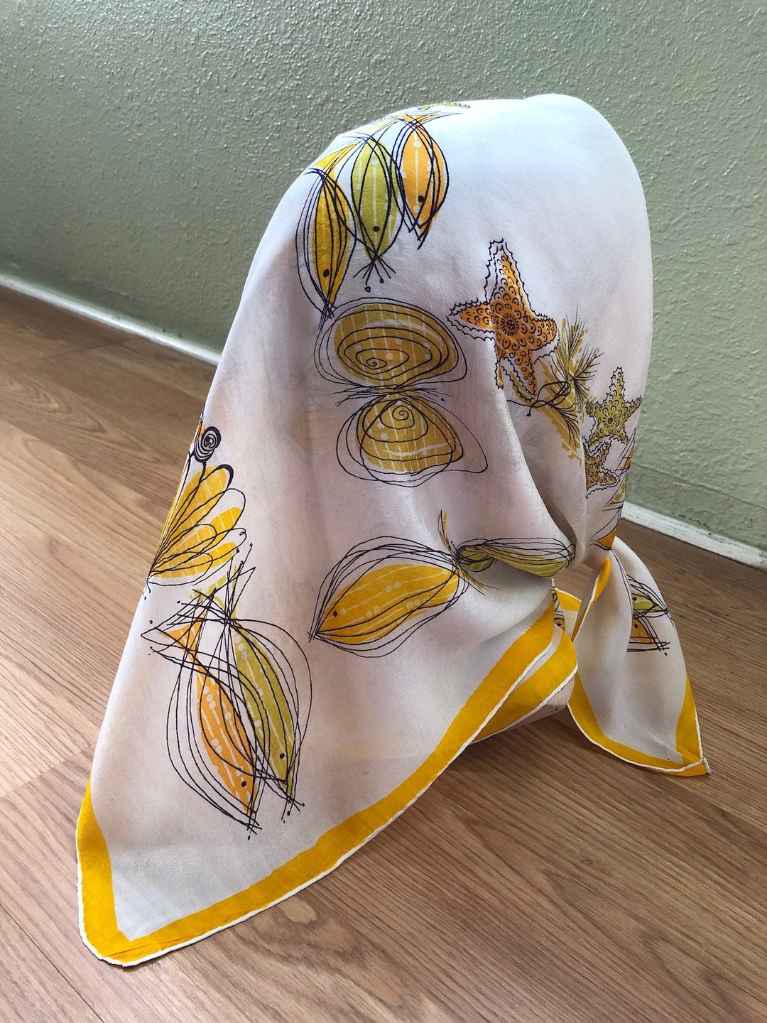 Vintage 1950s Silk Chiffon Scarf Fish Starfish Butterflies 30 X 30.5 ...